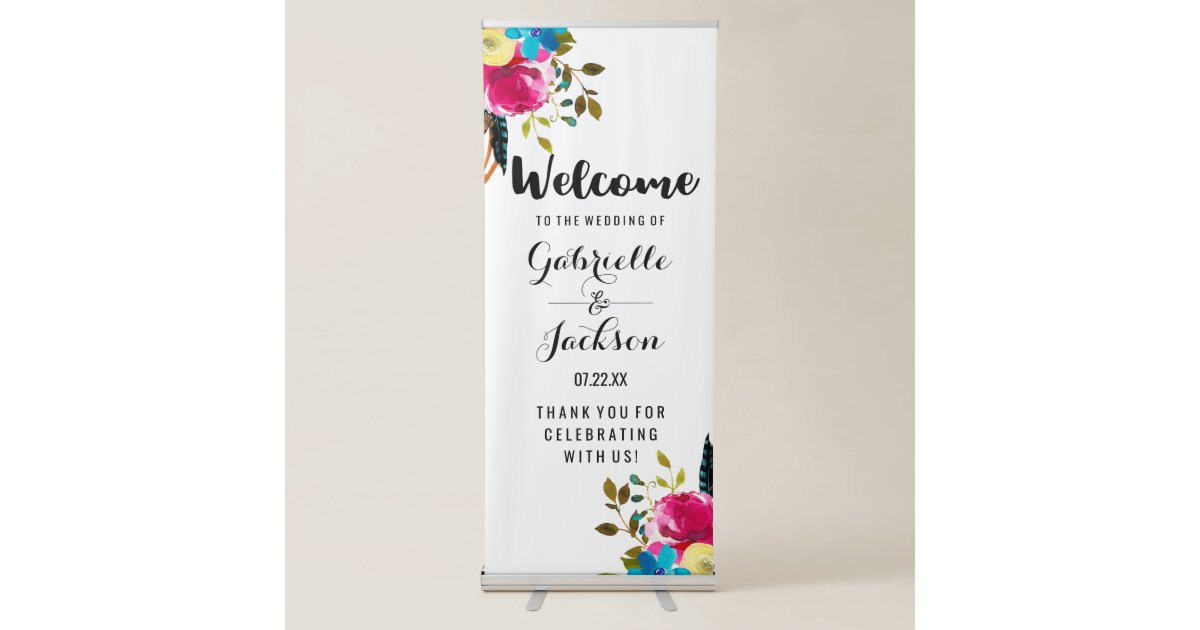 Boho Chic Floral Watercolor Wedding Welcome Retractable Banner | Zazzle