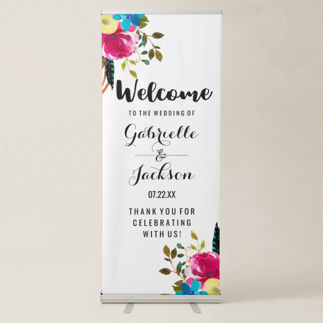 Boho Chic Floral Watercolor Wedding Welcome Retractable Banner | Zazzle