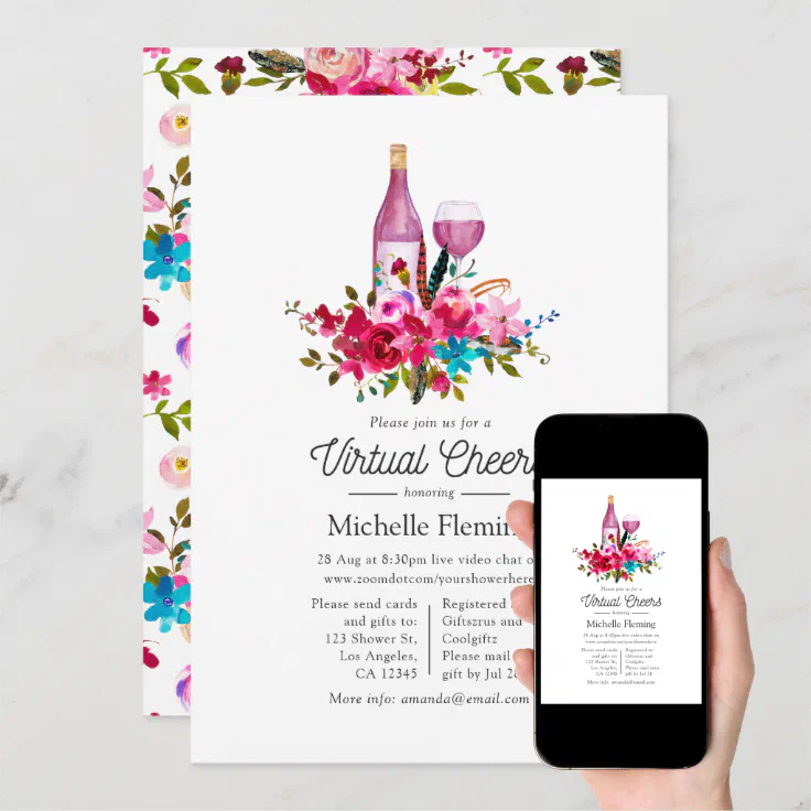 Boho Chic Floral Wine Themed Virtual Bridal Shower Invitation | Zazzle