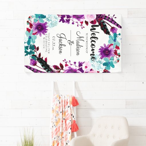 Boho Chic Floral Wreath Purple Wedding Welcome Banner | Zazzle