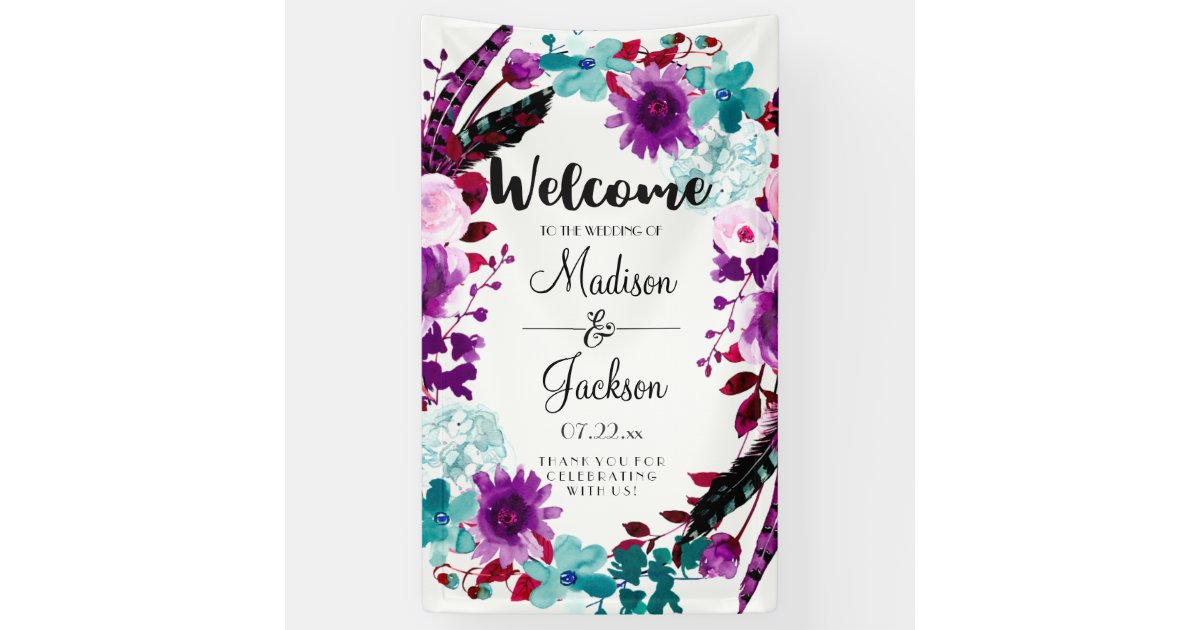 Boho Chic Floral Wreath Purple Wedding Welcome Banner | Zazzle