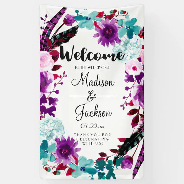 Boho Chic Floral Wreath Purple Wedding Welcome Banner | Zazzle