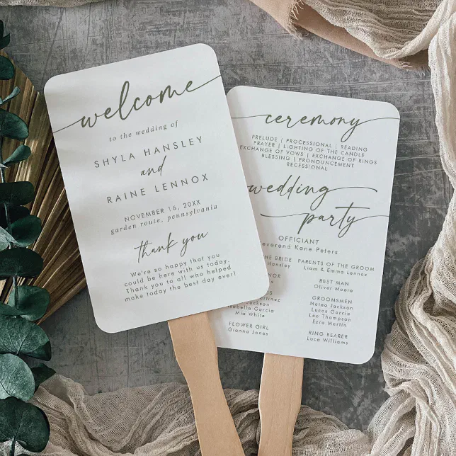 Boho Chic Green and White Wedding Program Hand Fan | Zazzle