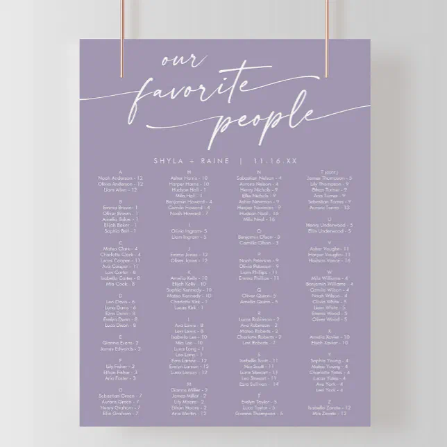 Boho Chic Lavender Purple Printable Seating Chart | Zazzle
