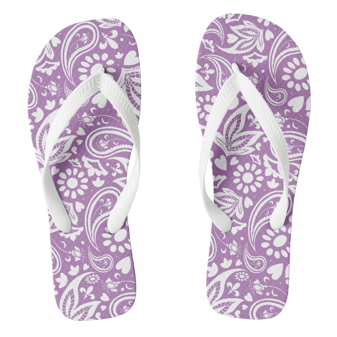 Boho Chic Lavender White Paisley Floral Patterned Flip Flops | Zazzle