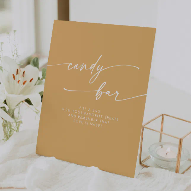 Boho Chic Modern Yellow Marigold Candy Bar Wedding Pedestal Sign | Zazzle