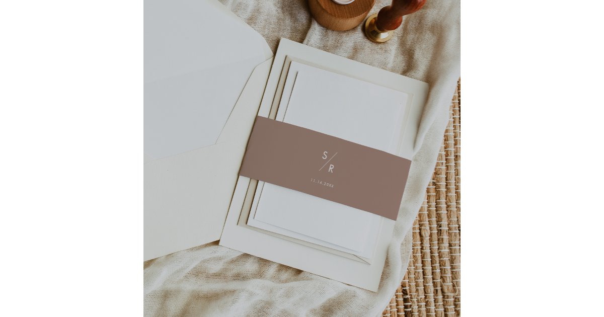 Boho Chic Neutral Taupe Monogram Wedding Invitation Belly Band | Zazzle