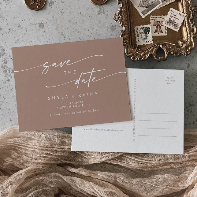 Boho Chic Neutral Taupe Wedding Save the Date Invitation Postcard | Zazzle