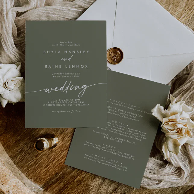 Boho Chic Olive Green Front and Back Wedding Invitation | Zazzle