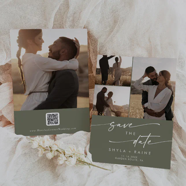 Boho Chic Olive Green Multi Photo QR Code Save The Date | Zazzle