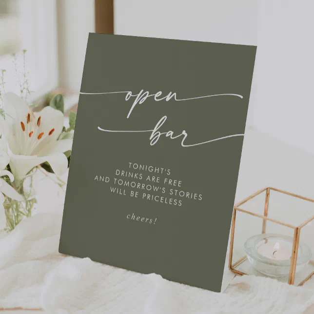 Boho Chic Olive Green Open Bar Wedding Pedestal Sign | Zazzle