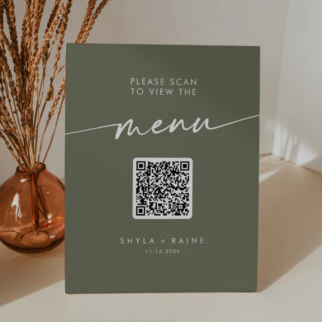 Boho Chic Olive Green QR Code Wedding Menu Pedestal Sign | Zazzle