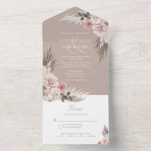 Boho Chic Pampas Grass Earth Tones Floral Wedding All In One Invitation ...