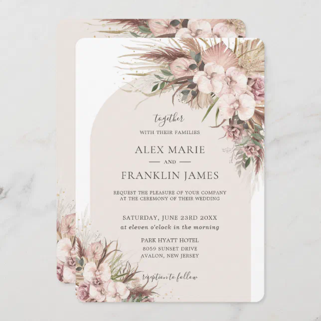 Boho Chic Pampas Grass Orchid Floral Arch Wedding Invitation | Zazzle