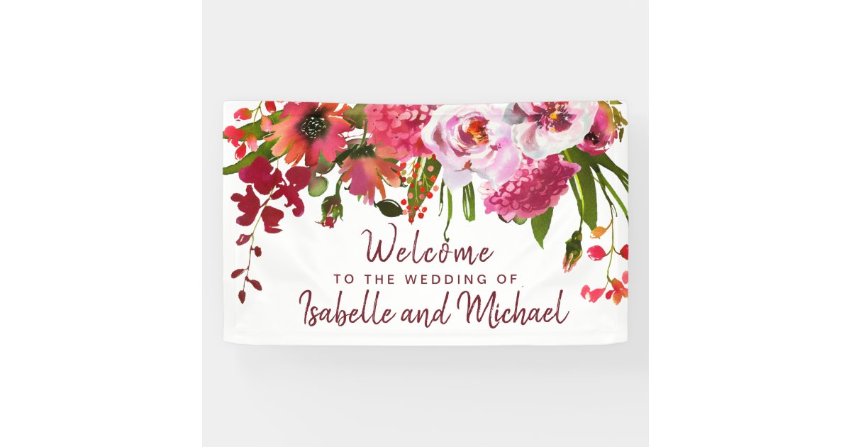 Boho Chic Red Hydrangea, Pink Rose Wedding Welcome Banner | Zazzle