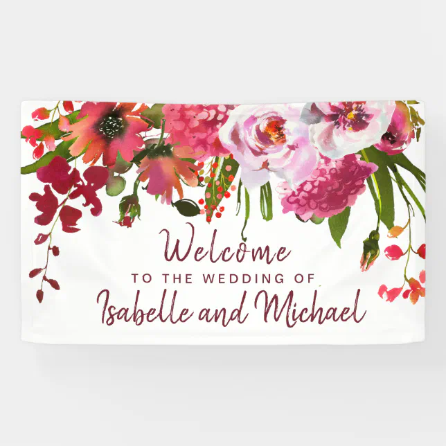 Boho Chic Red Hydrangea, Pink Rose Wedding Welcome Banner | Zazzle