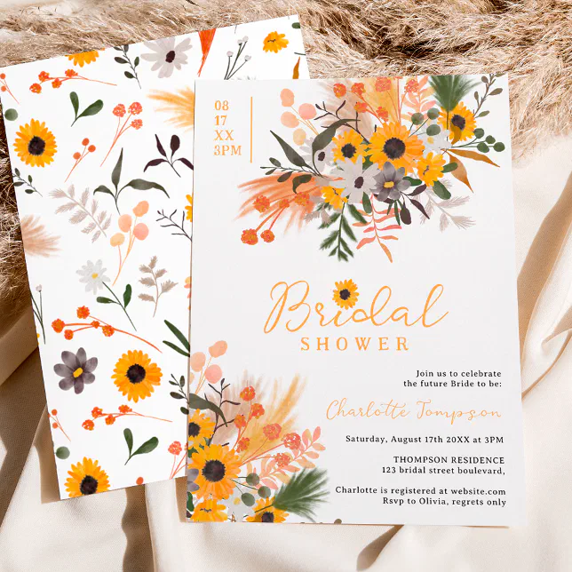 Boho chic rustic orange sunflowers bridal shower invitation | Zazzle