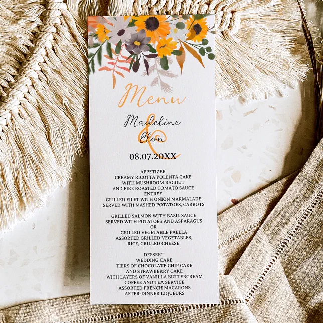 Boho chic rustic orange sunflowers wedding menu | Zazzle