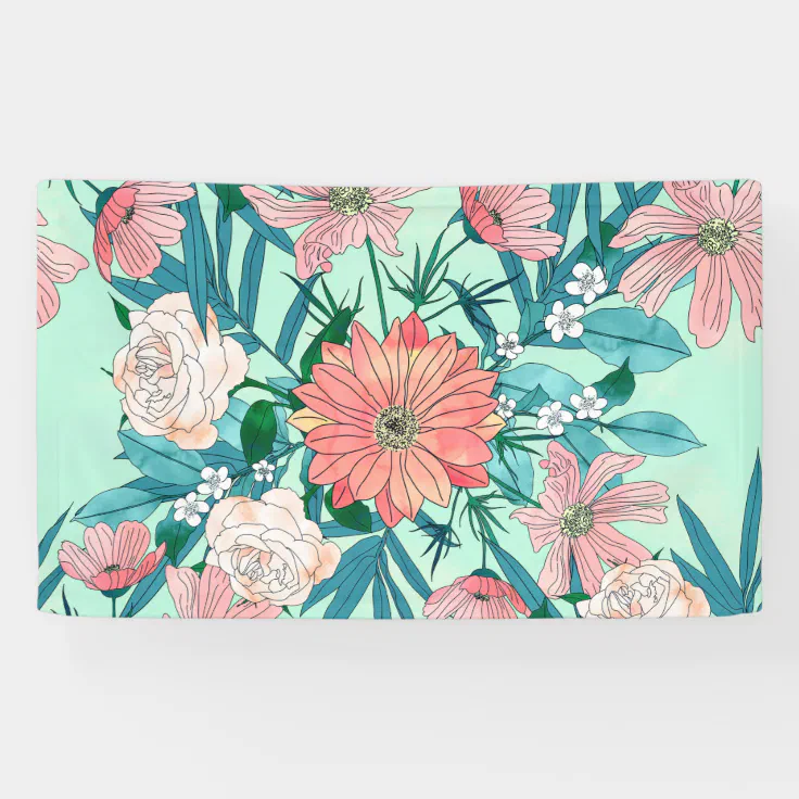 Boho chic spring garden flowers illustration banner | Zazzle