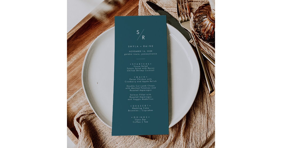 Boho Chic Teal Blue Monogram Wedding Menu | Zazzle