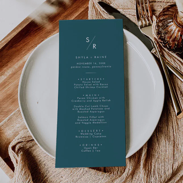 Boho Chic Teal Blue Monogram Wedding Menu | Zazzle