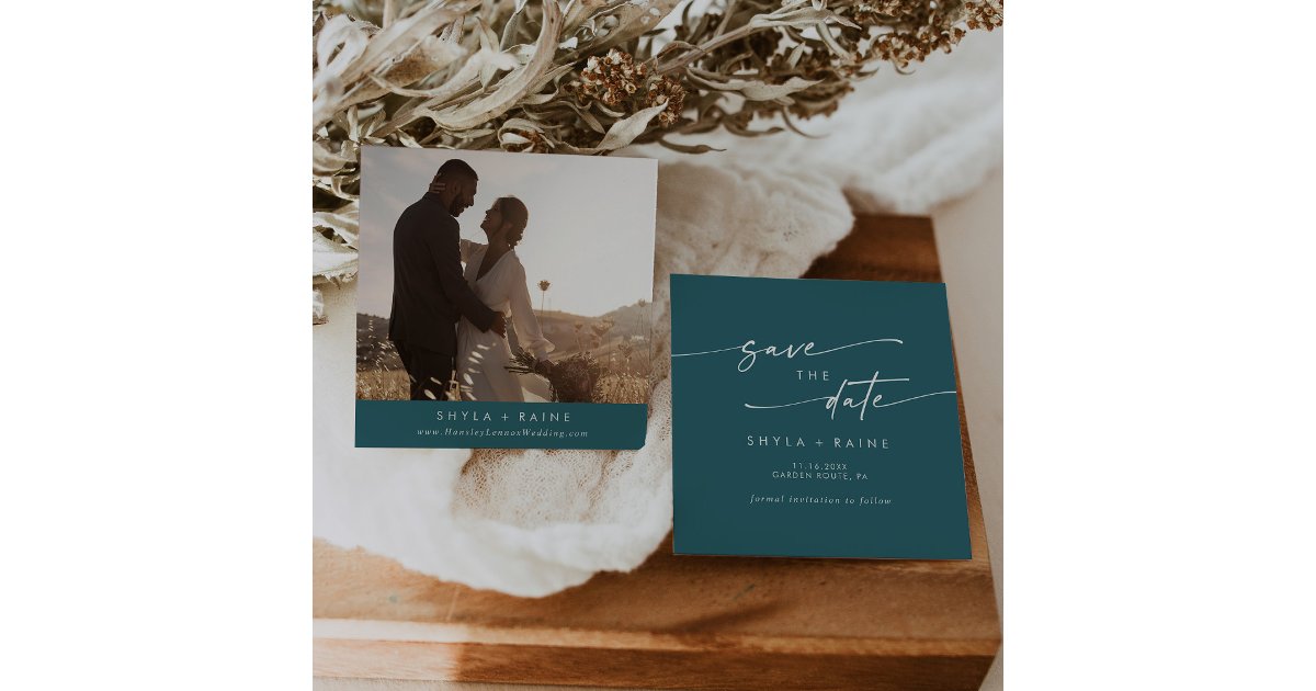 Boho Chic Teal Blue Square Photo Back Save The Date | Zazzle