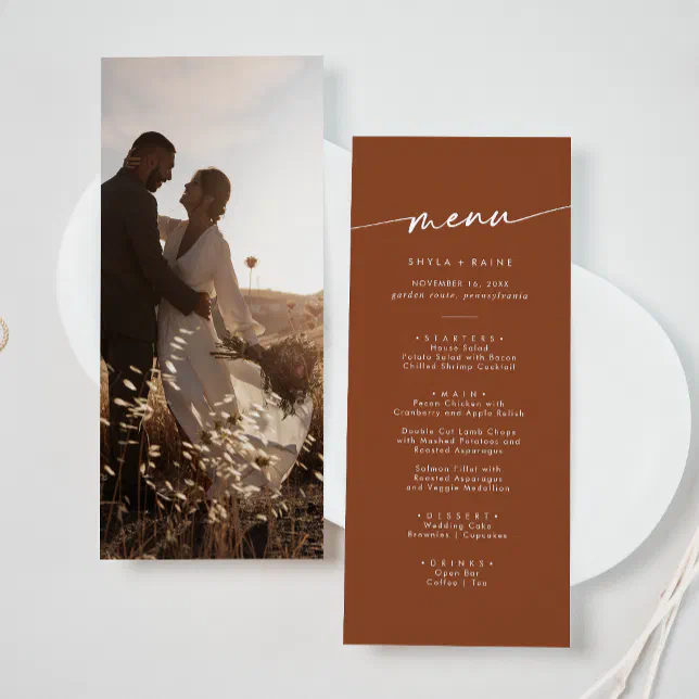 Boho Chic Terracotta Photo Wedding Menu | Zazzle