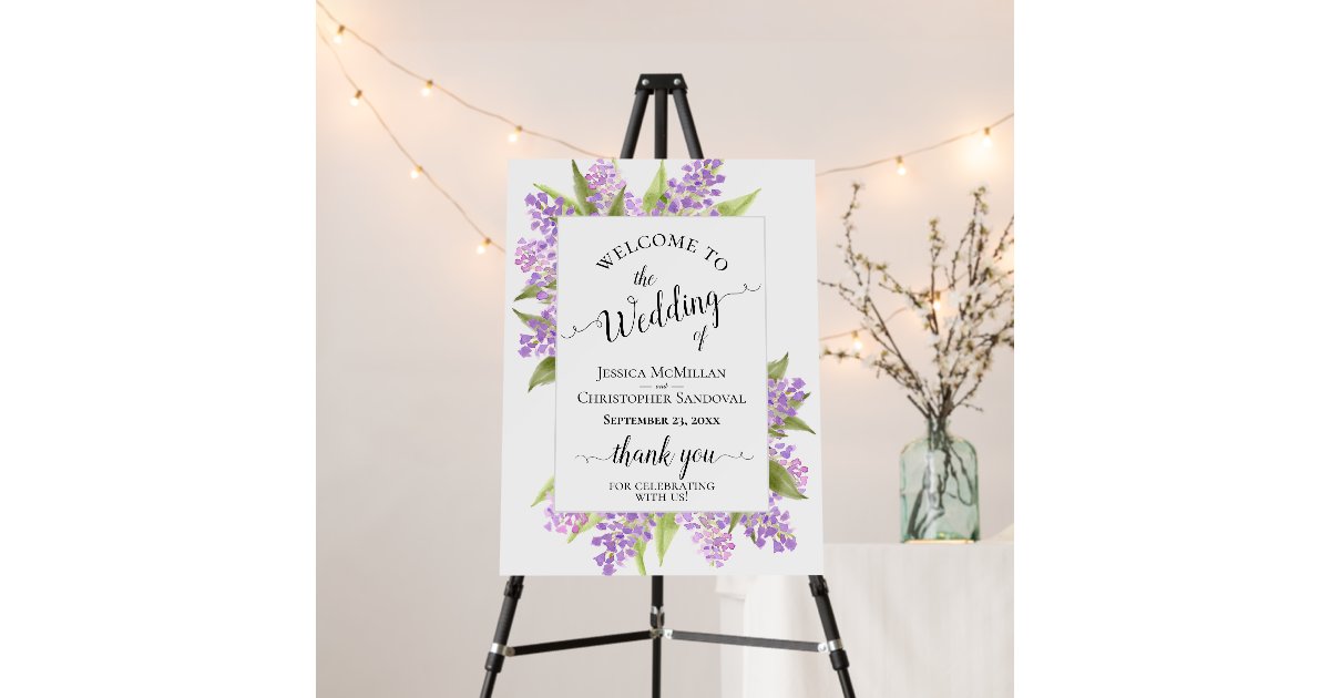Boho Chic Watercolor Lilacs Wedding Welcome Foam Board | Zazzle