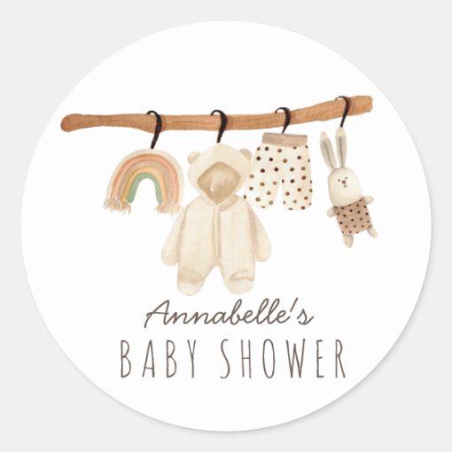 Boho Clothesline Gender Neutral Baby Shower Classic Round Sticker | Zazzle