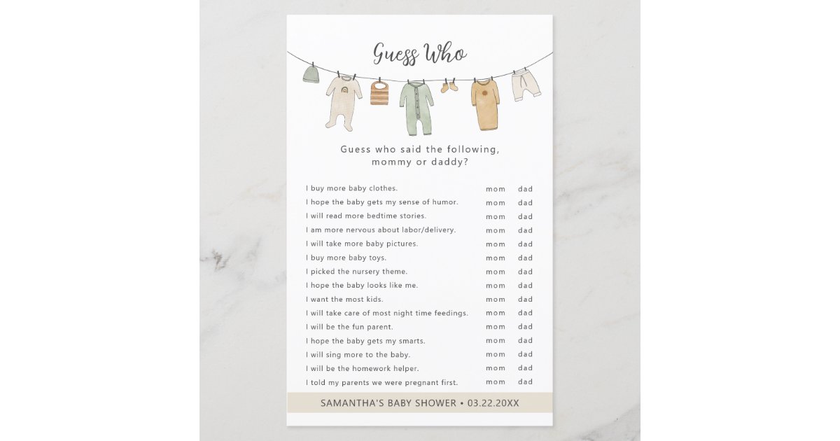 Boho Clothesline Guess Who baby shower game | Zazzle
