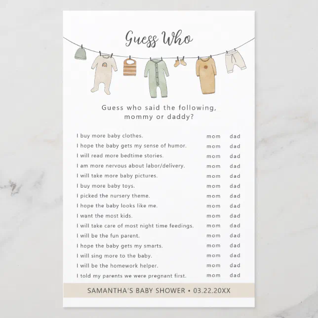 Boho Clothesline Guess Who baby shower game | Zazzle