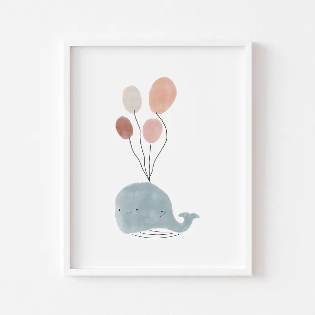 Boho colored baby whale with balloons poster | Zazzle