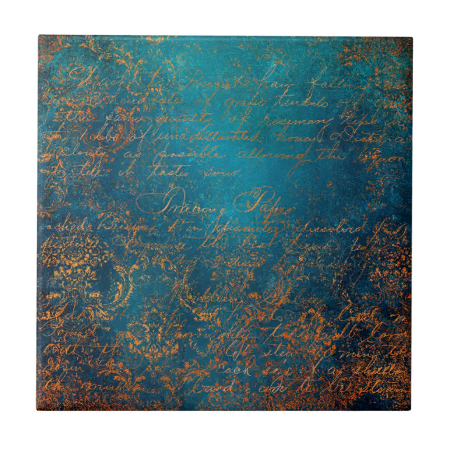 Boho Copper Blue Script Handwriting Grunge Ceramic Tile | Zazzle