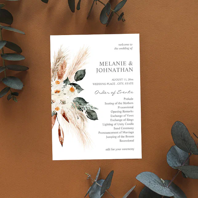 Boho Copper Pampas Floral Wedding Ceremony Program | Zazzle