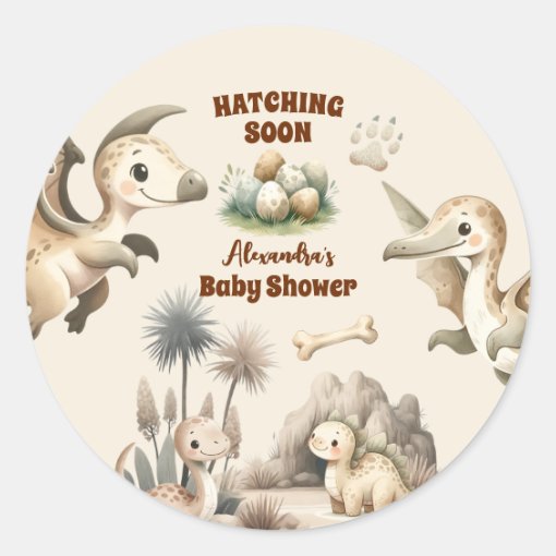 Boho Cute Hatching Soon Dinosaur Baby Shower Classic Round Sticker | Zazzle
