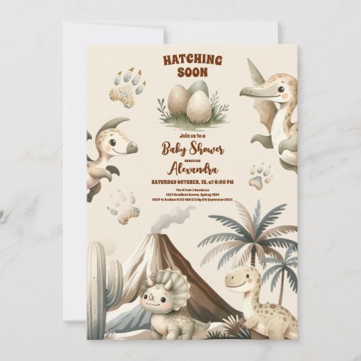 Boho Cute Hatching Soon Dinosaur Baby Shower Invitation | Zazzle