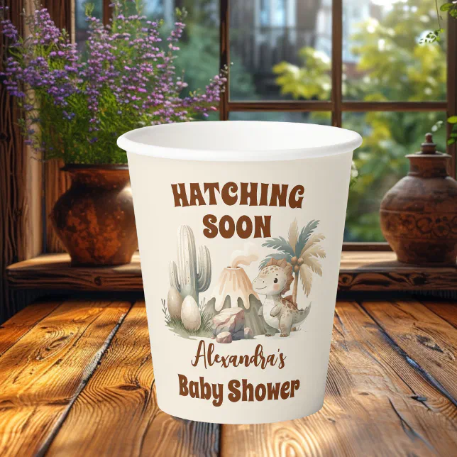 Boho Cute Hatching Soon Dinosaur Baby Shower Paper Cups | Zazzle