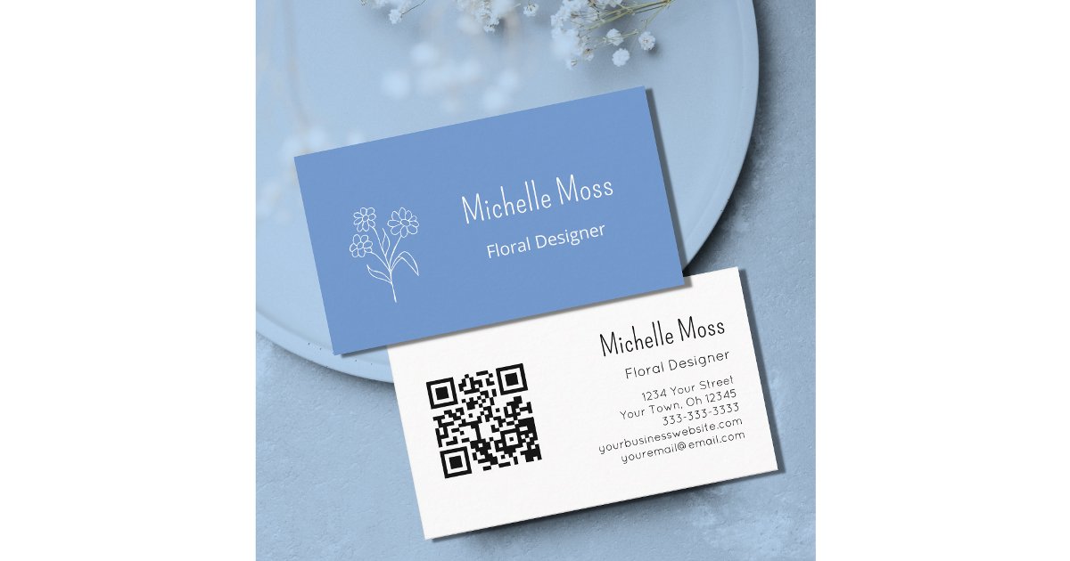 Boho Daisy QR code Blue Floral Designer Business Card | Zazzle