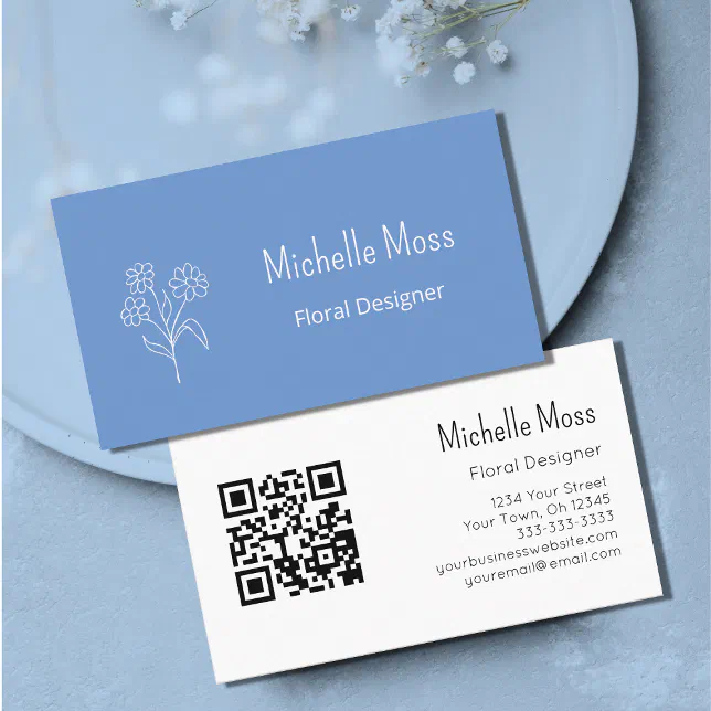 Boho Daisy QR code Blue Floral Designer Business Card | Zazzle