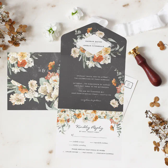 Boho Dark Floral Greenery Botanical Wedding All In One Invitation | Zazzle