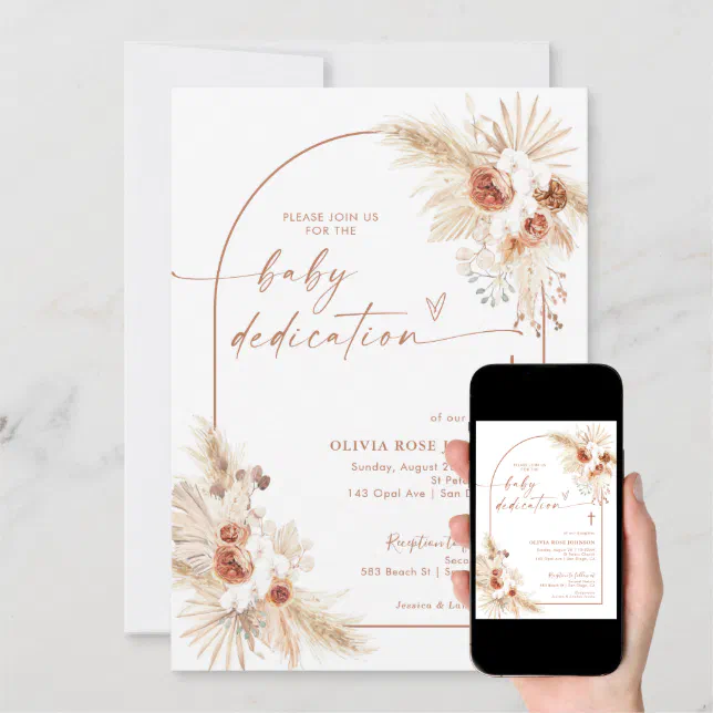 Boho Dedication Invite | Pampas Grass Boho Baptism | Zazzle