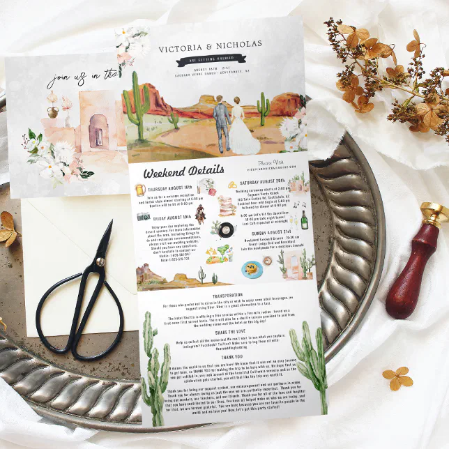 Boho Desert Cactus | Illustrated Wedding Tri-Fold Invitation | Zazzle