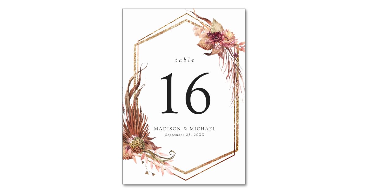 Boho Desert Floral Gold Frame Wedding Table Number | Zazzle