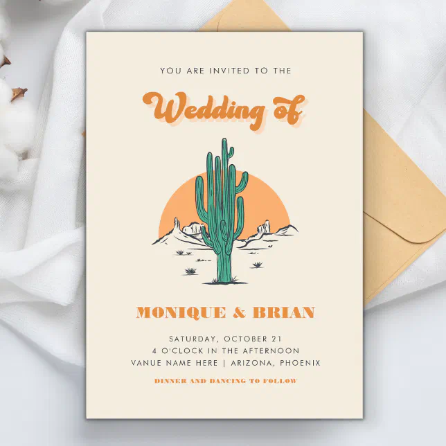 Boho Desert Groovy Retro Cactus & Photo Wedding Invitation | Zazzle