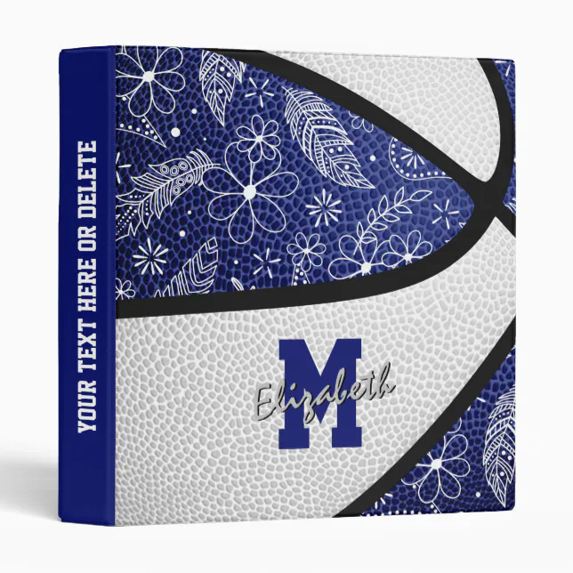boho doodles pattern blue white basketball 3 ring binder | Zazzle