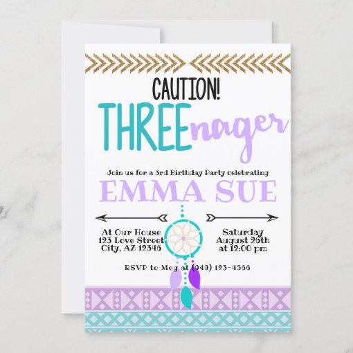 Boho Dreamcatcher Caution Three-nager 3rd Birthday Invitation | Zazzle