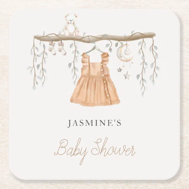 Boho Dress Clothes Girl Baby Shower Square Paper Coaster | Zazzle