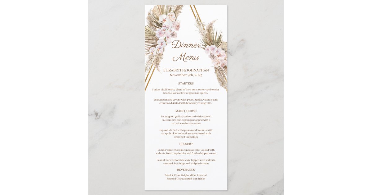 Boho Dried Palm Leaf Pampas Grass Gold Arch Dinner Menu | Zazzle