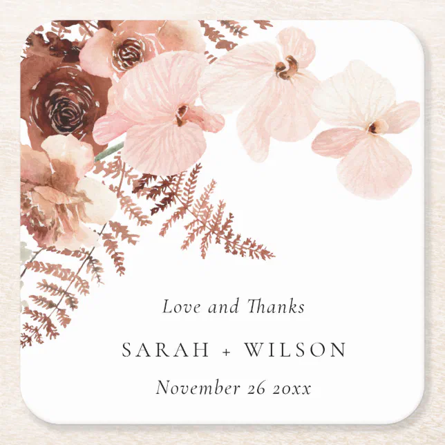 Boho Dried Rust Blush Fern Orchid Wedding Thanks Square Paper Coaster ...