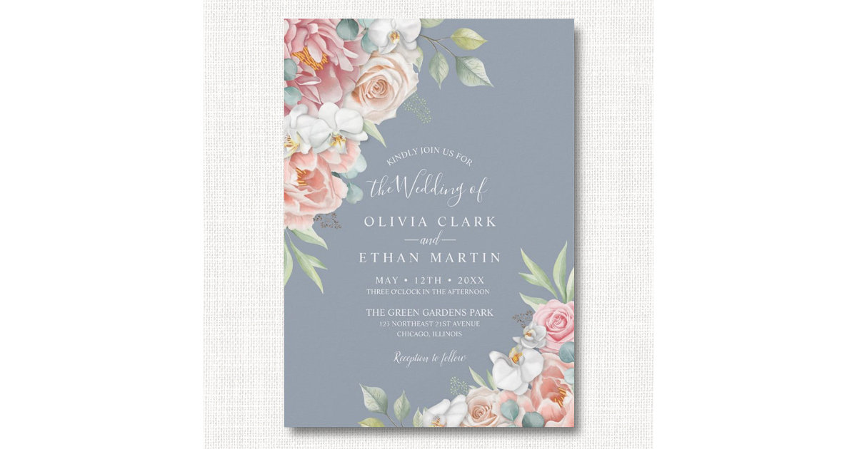 Boho Dusty Blue Blush Pink Floral Rustic Wedding Invitation Zazzle